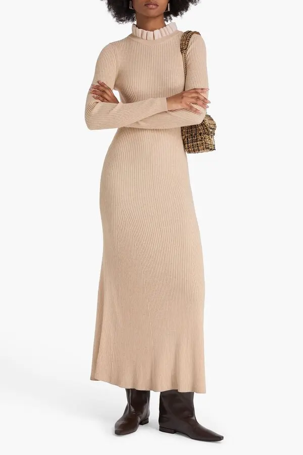 Sandro Ruffled Ribbed-knit Maxi Dress