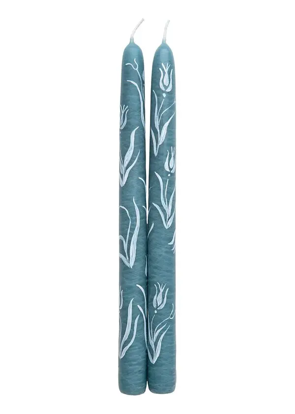 MJ Tablescapes Dusty Tulip Hand-painted Taper Candles - Blue