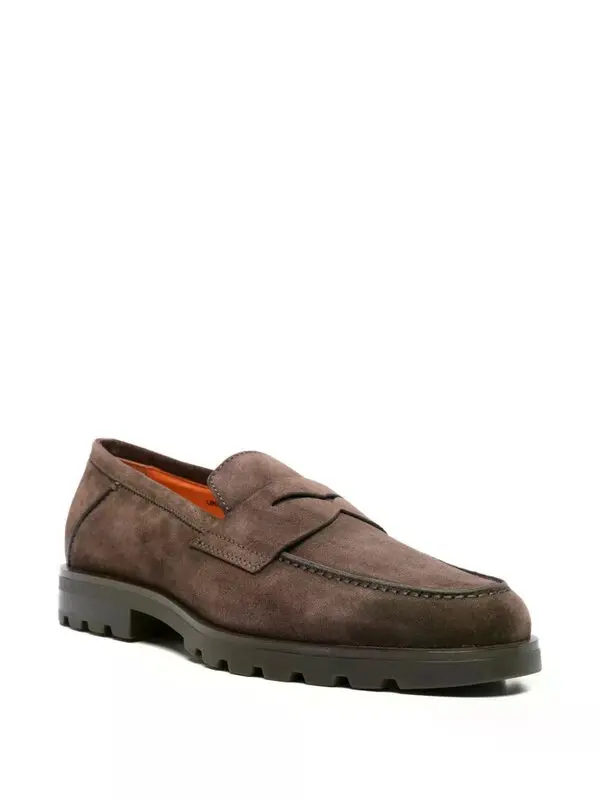 Santoni Suede Penny Slot Loafers - Brown