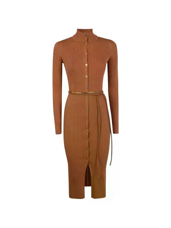 Elisabetta Franchi Ribbed High Neck Midi Dress With Logo Buttons And Tubular Jewel Belt