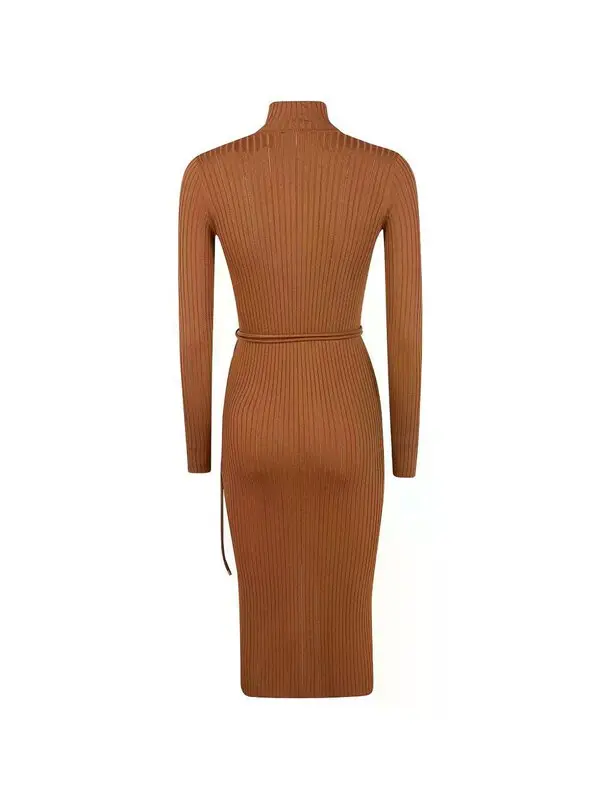 Elisabetta Franchi Ribbed High Neck Midi Dress With Logo Buttons And Tubular Jewel Belt