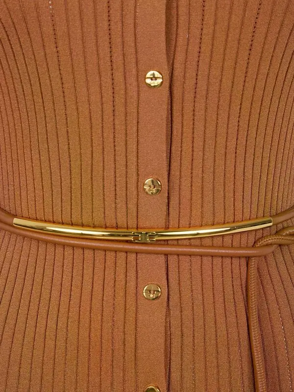 Elisabetta Franchi Ribbed High Neck Midi Dress With Logo Buttons And Tubular Jewel Belt