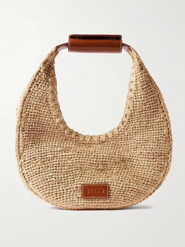 Staud Moon Leather-trimmed Raffia Tote