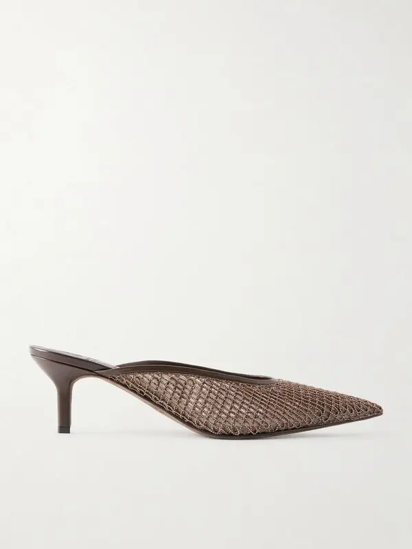 Brunello Cucinelli Embellished Mesh And Leather Mules