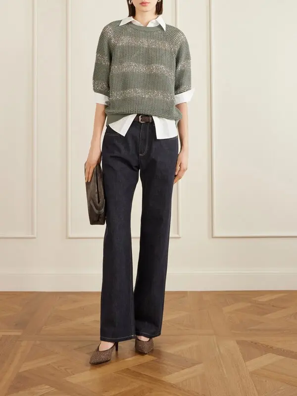 Brunello Cucinelli Embellished Mesh And Leather Mules