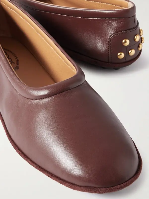 TOD'S Studded Suede-trimmed Glossed-leather Ballet Flats - Brown
