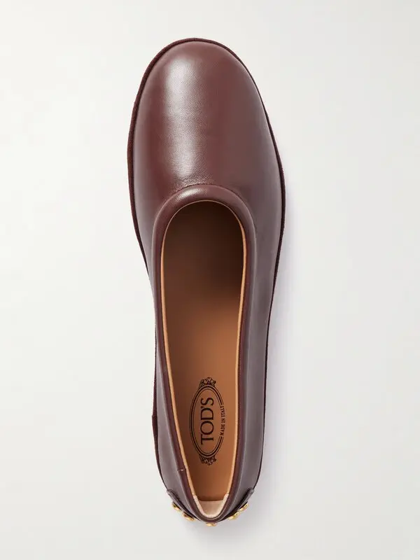 TOD'S Studded Suede-trimmed Glossed-leather Ballet Flats - Brown