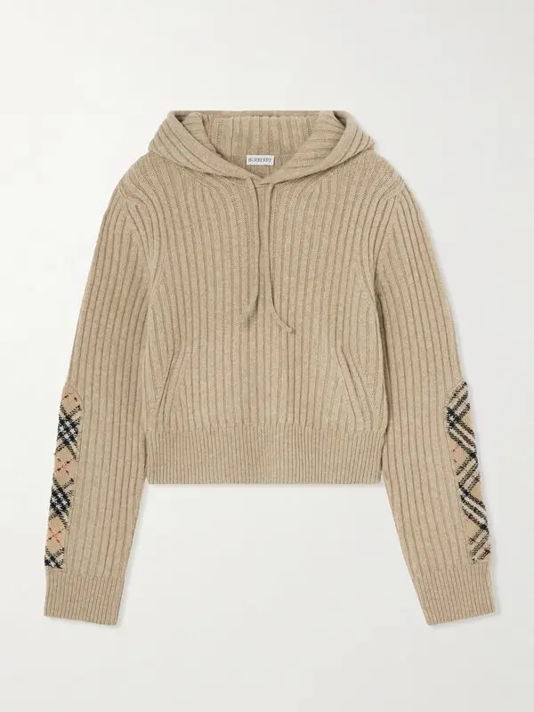 Burberry Checked Bouclé-trimmed Ribbed Wool And Cashmere-blend Hoodie