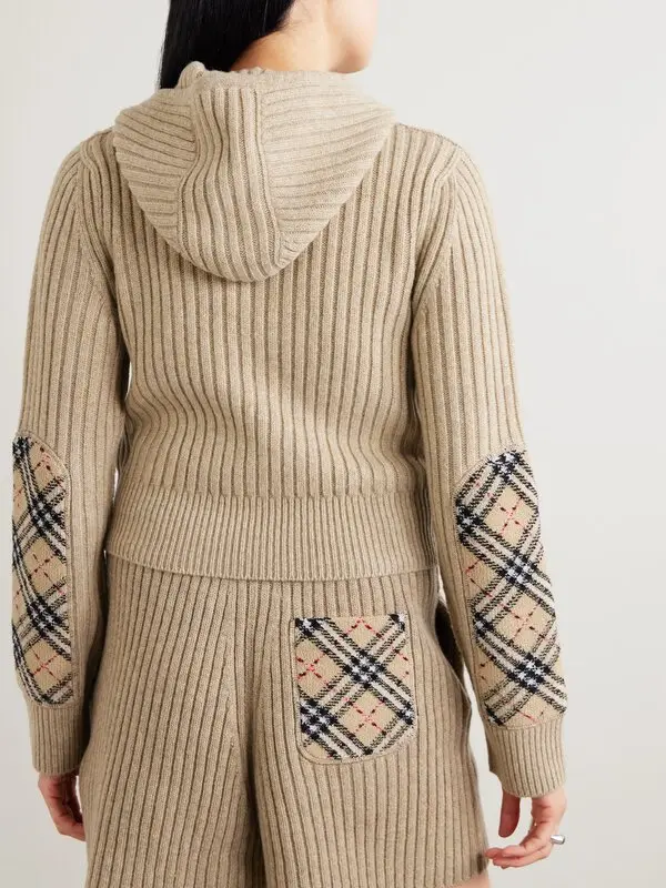 Burberry Checked Bouclé-trimmed Ribbed Wool And Cashmere-blend Hoodie