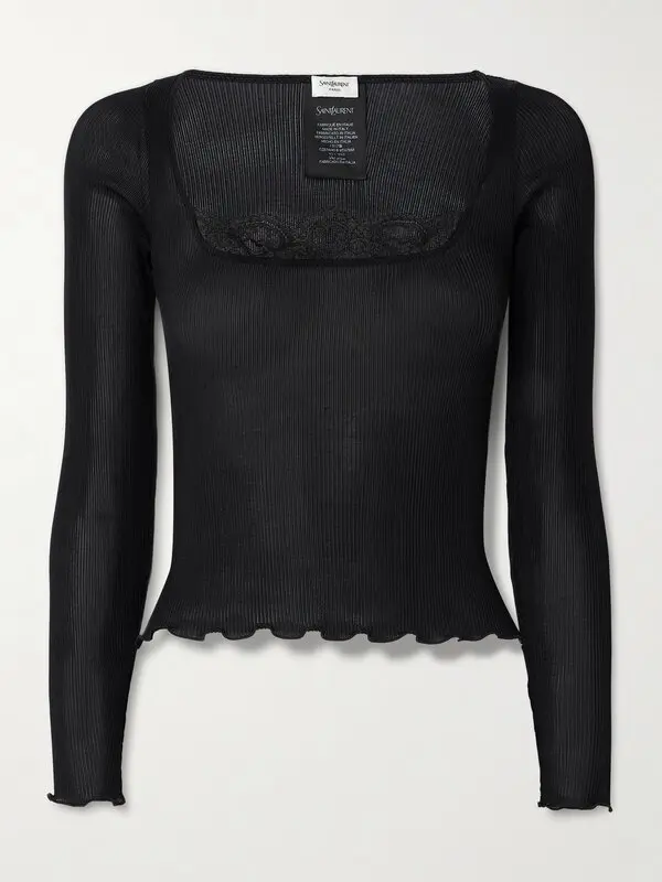 Saint Laurent Lace-trimmed Ribbed Silk Top - Black