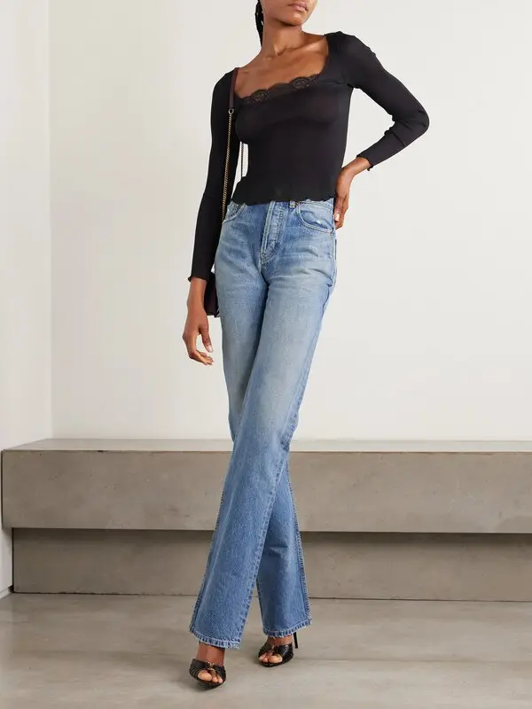 Saint Laurent Lace-trimmed Ribbed Silk Top - Black