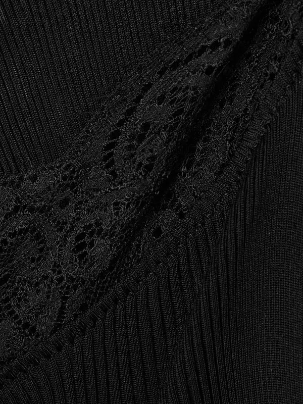 Saint Laurent Lace-trimmed Ribbed Silk Top - Black