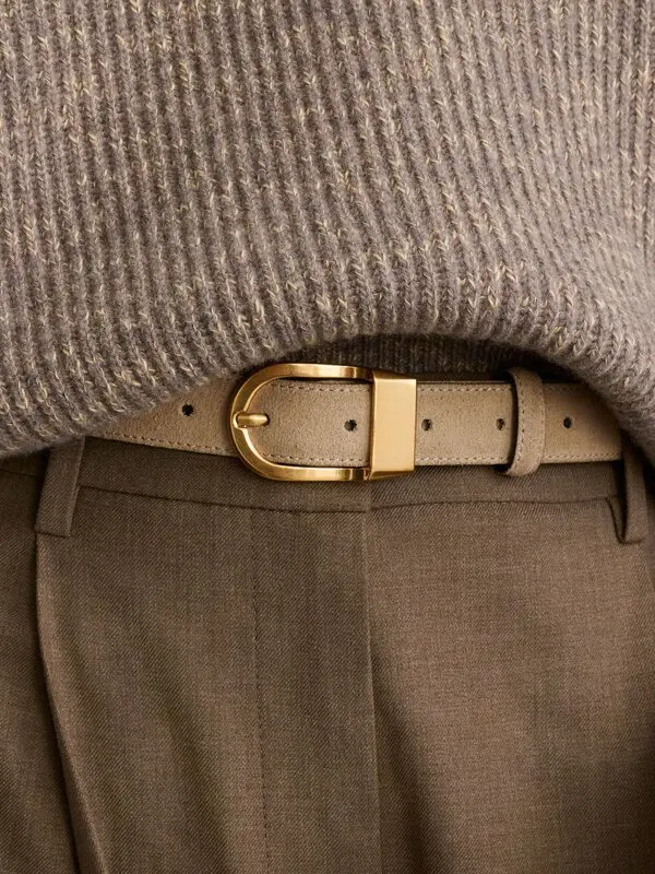 REISS Leather Belt With Curved Buckle - Stone