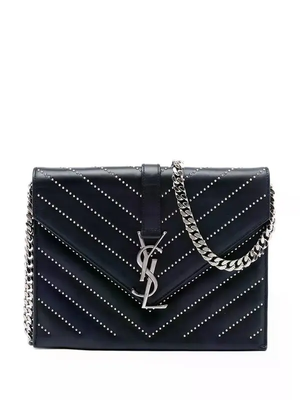 Saint Laurent 2014 Studded Chevron Calfskin Monogram Envelope Chain Crossbody Bag - Black