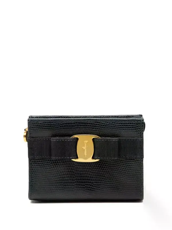 FERRAGAMO 2010-2025 Embossed Lizard Leather Vara Bow Pouch Coin Pouch - Black