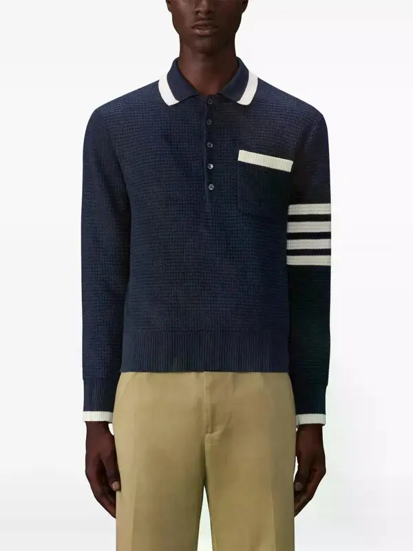 Thom Browne Textured Stitch 4-bar Relaxed Long-sleeve Polo Shirt - Blue