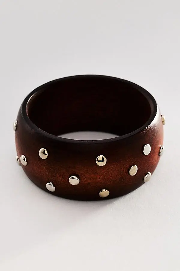 Anthropologie Studded Wood Bangle Bracelet - Brown/silver