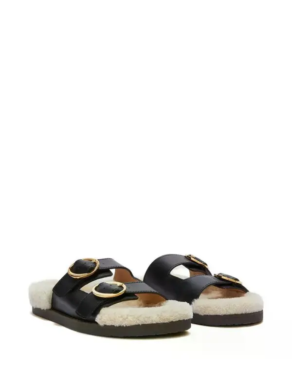 ODISSI Leather Sandals With Buckles And Shearling Lining - Black