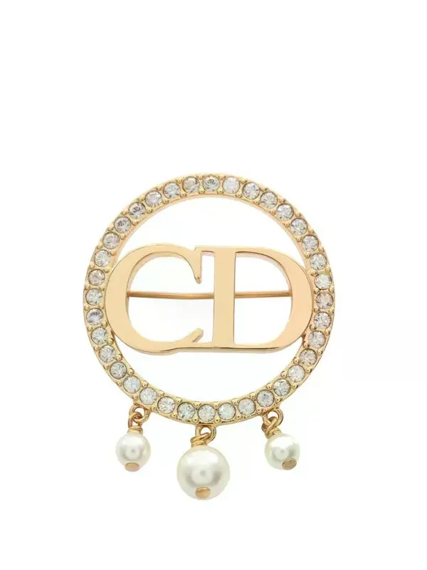Dior Gold Plated Faux Pearl And Rhinestone Cd Logo Brooch - White