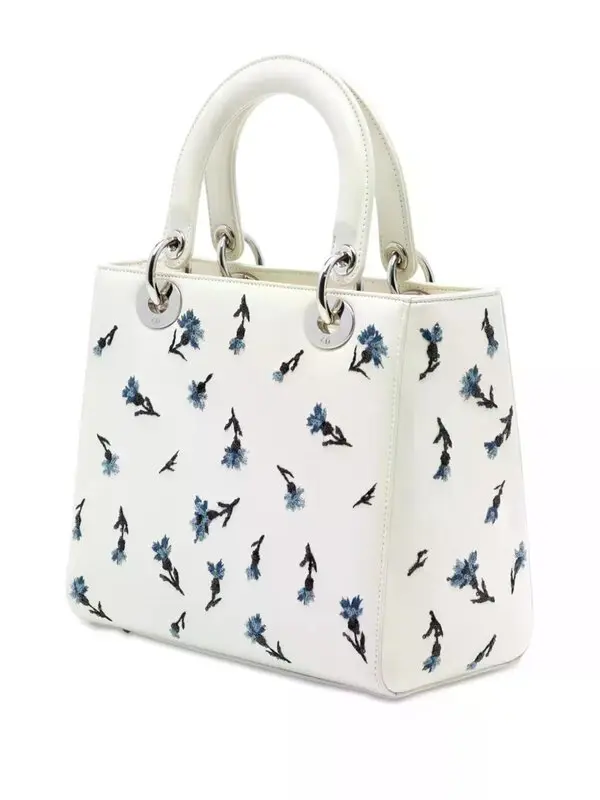 Dior 2015 Medium Floral Sequin Lady Satchel - White