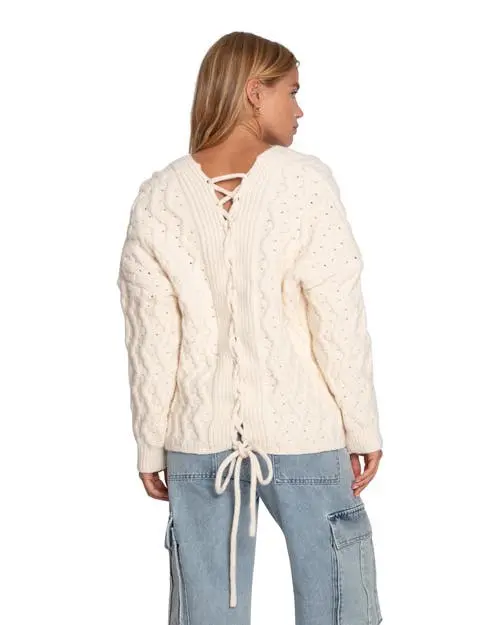 BELLE & BLOOM Chunky Cable Knit Cardigan With Back Tie