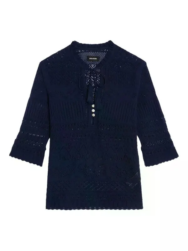 Zadig&Voltaire Pointelle Cotton Knit Top With Lace And Tassel Details