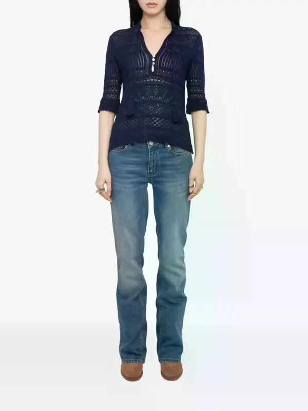 Zadig&Voltaire Pointelle Cotton Knit Top With Lace And Tassel Details