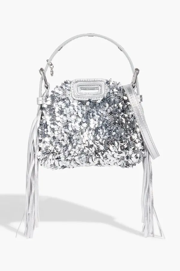 Maje Fringed Leather-trimmed Embellished Chenille Tote - Silver