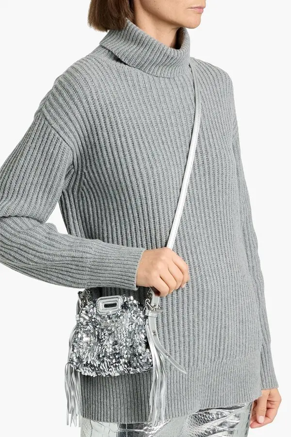 Maje Fringed Leather-trimmed Embellished Chenille Tote