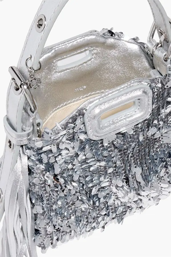 Maje Fringed Leather-trimmed Embellished Chenille Tote