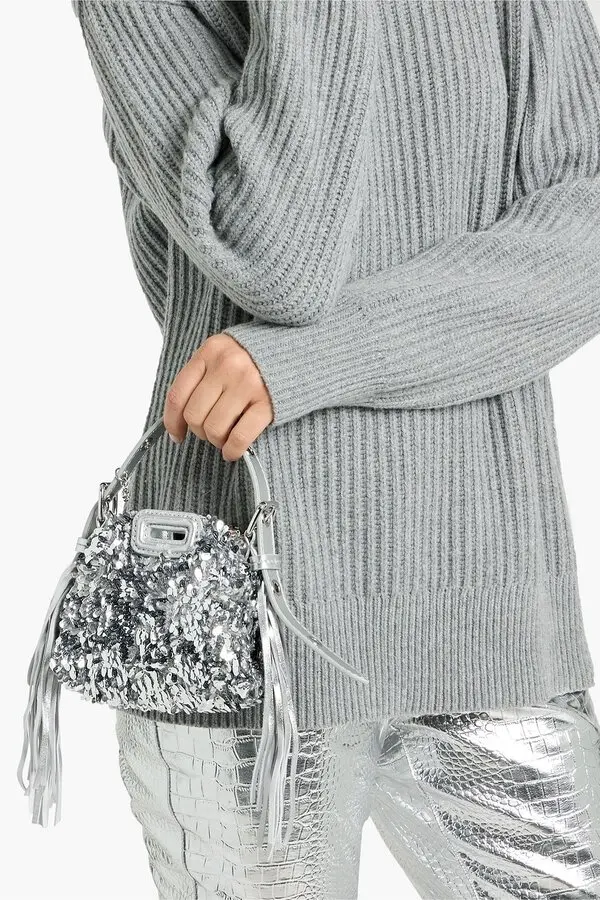 Maje Fringed Leather-trimmed Embellished Chenille Tote