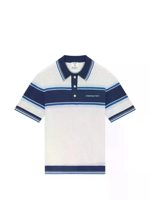 Casablanca Blue Striped Mesh Short Sleeve Polo Shirt - White
