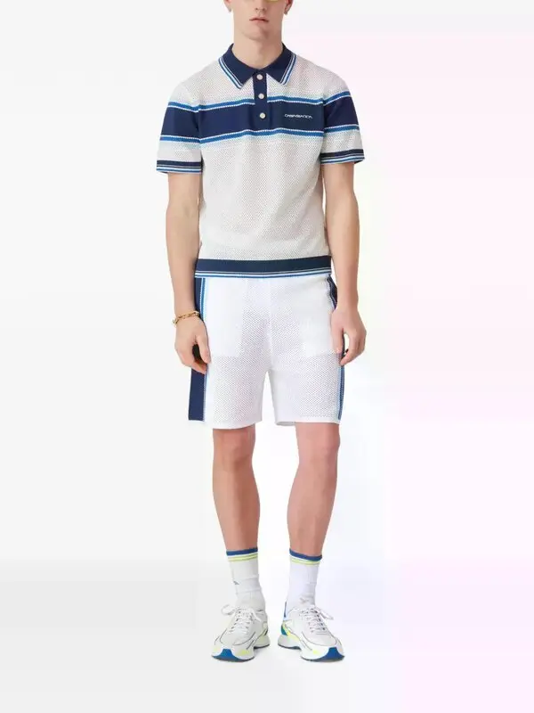 Casablanca Blue Striped Mesh Short Sleeve Polo Shirt - White