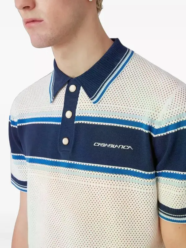 Casablanca Blue Striped Mesh Short Sleeve Polo Shirt - White