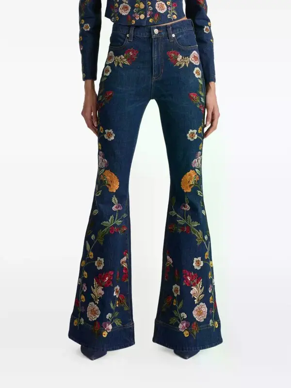 Alice + Olivia Floral Embroidered Bell-bottom Jeans