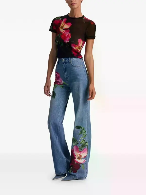 Alice + Olivia Tess Floral Mesh Crewneck T-shirt - Black