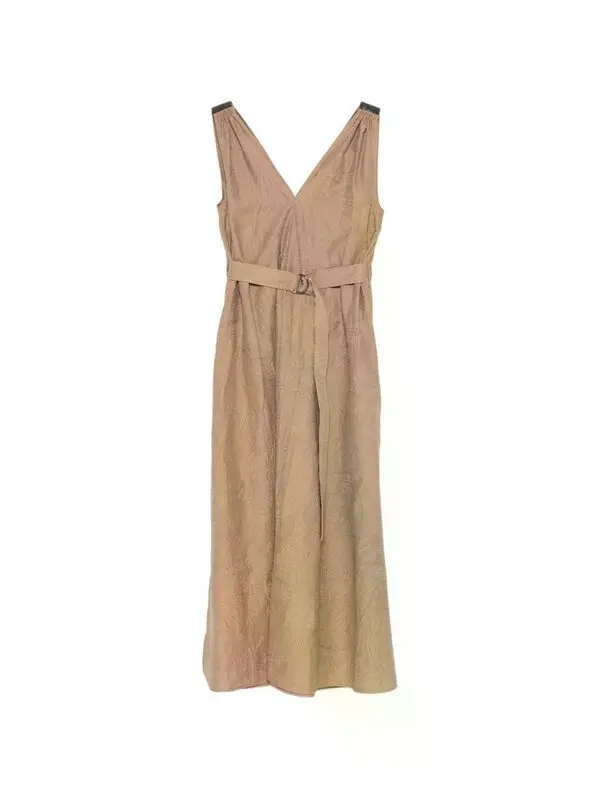 Brunello Cucinelli V-neck Belted Midi Dress - Brown