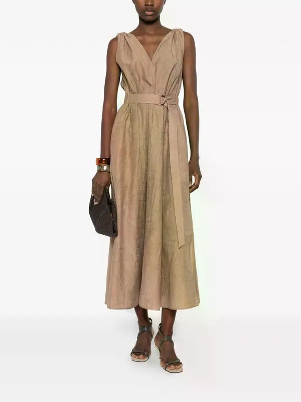 Brunello Cucinelli V-neck Belted Midi Dress - Brown