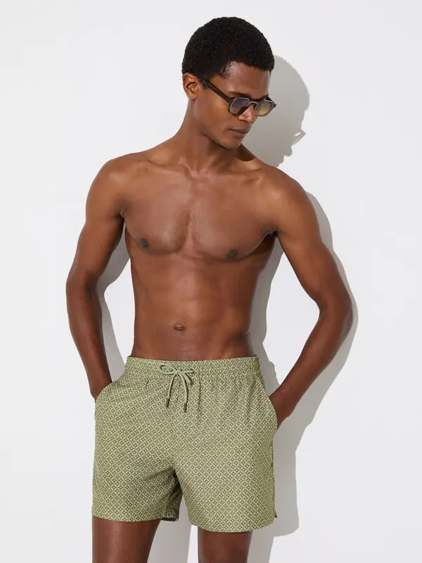REISS Geometric-print Swim Shorts - Sage Green