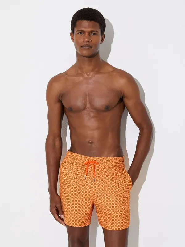 REISS Geometric-print Swim Shorts - Tangerine Orange