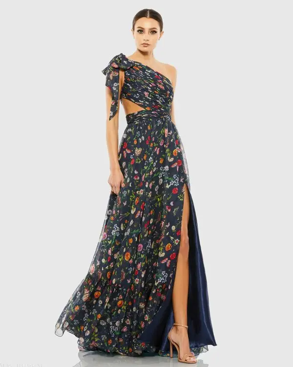 Mac Duggal One Shoulder Cut-out Flowy Gown - Navy Multi