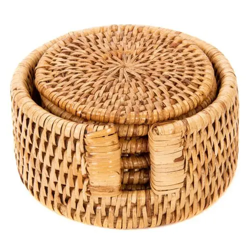 ARTIFACTS TRADING COMPANY™ Artifacts Rattan Round Coasters With Box7 Piece Set - Honey Brown