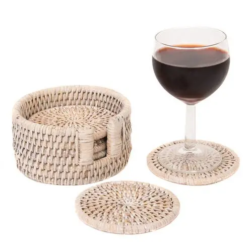 ARTIFACTS TRADING COMPANY™ Artifacts Rattan Round Coasters With Box7 Piece Set - White Wash