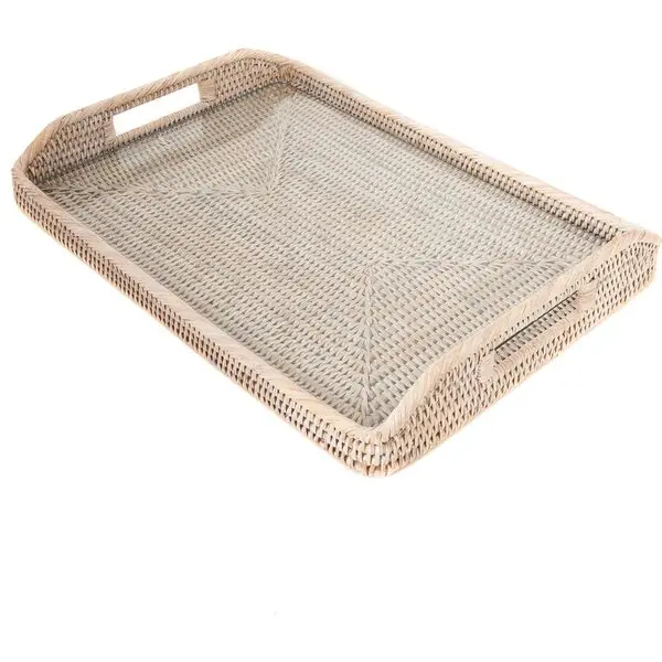 ARTIFACTS TRADING COMPANY™ Artifacts Rattan Rectangular Tray With Glass Insert - White Wash