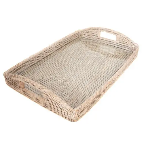 ARTIFACTS TRADING COMPANY™ Artifacts Rattan Rectangular Tray With Glass Insert - White Wash