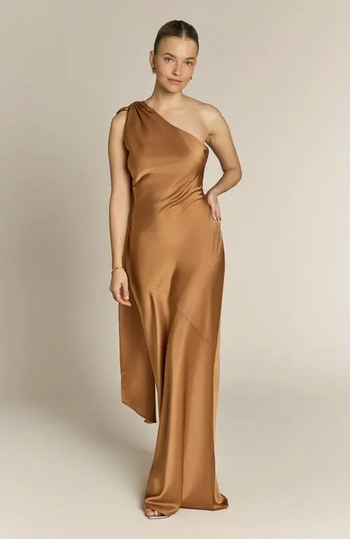 REWRITTEN One-shoulder Satin Dress - Caramel