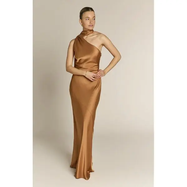 REWRITTEN Raye One Shoulder Luxe Satin Maxi Dress - Caramel