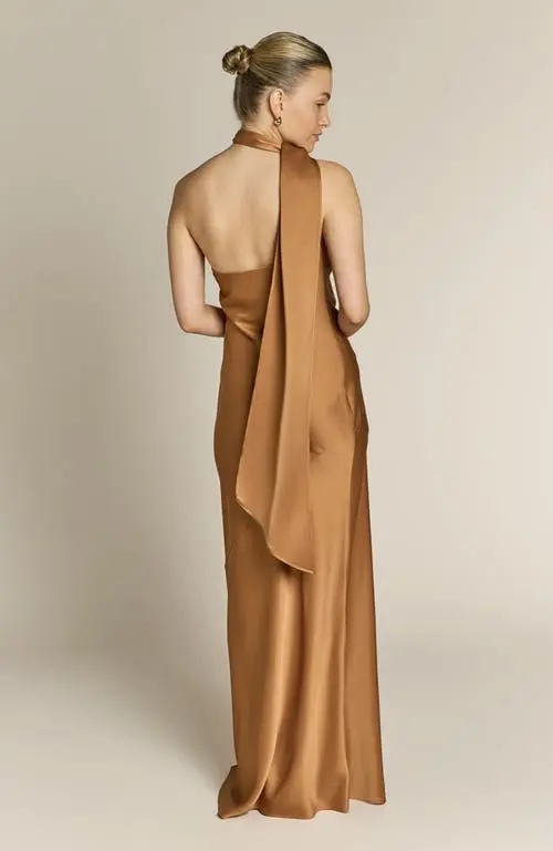 REWRITTEN Raye One Shoulder Luxe Satin Gown - Caramel