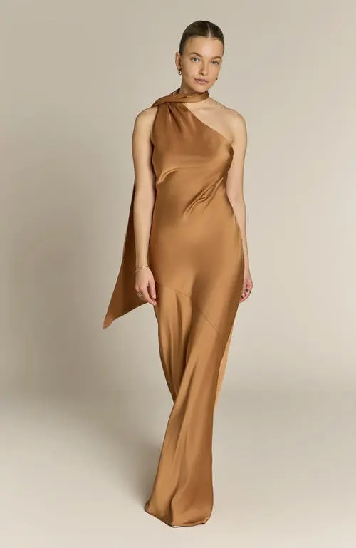 REWRITTEN Raye One Shoulder Luxe Satin Gown - Caramel