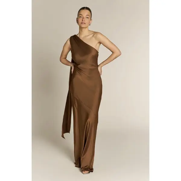 REWRITTEN Raye One Shoulder Luxe Satin Maxi Dress - Chocolate